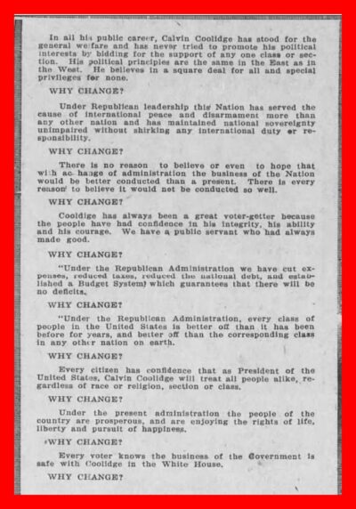 “Standard” Supports Election of Coolidge in 1924 – Lykens Valley ...